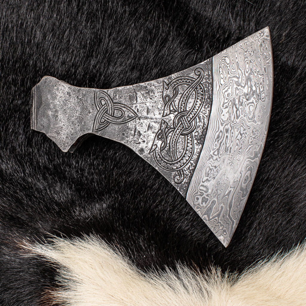 "Wyrm" A carved Damascus Bladed Dane Axe - Owen Bush Bushfire Forge